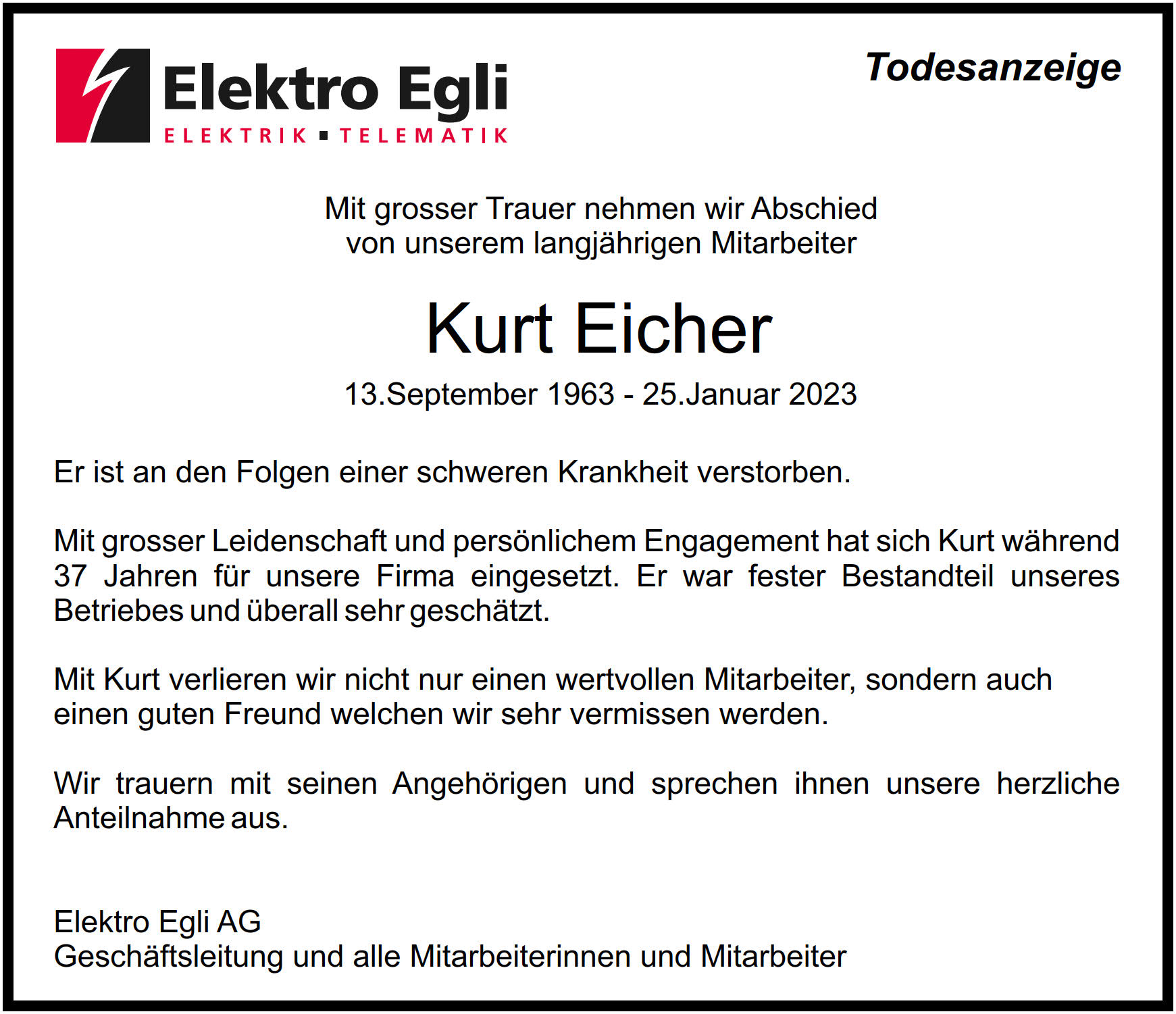 Wir trauern um Kurt Eicher - Elektro Egli – Elektrik und Telematik